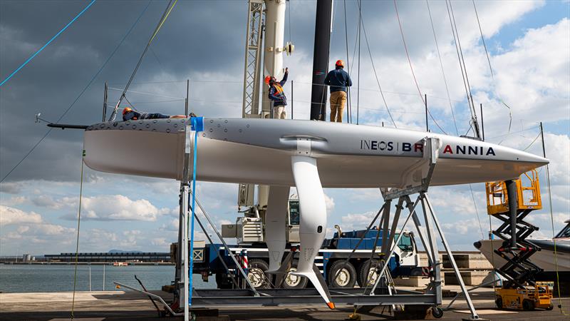 INEOS Britannia - AC40 - roll out and mast stepping - February 10, 2023