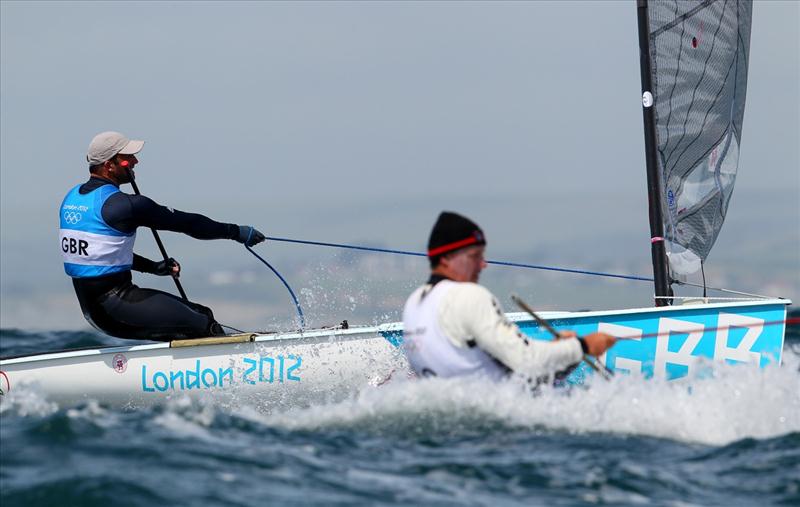 Finn racing on day six of the London 2012 Olympic Sailing Competition