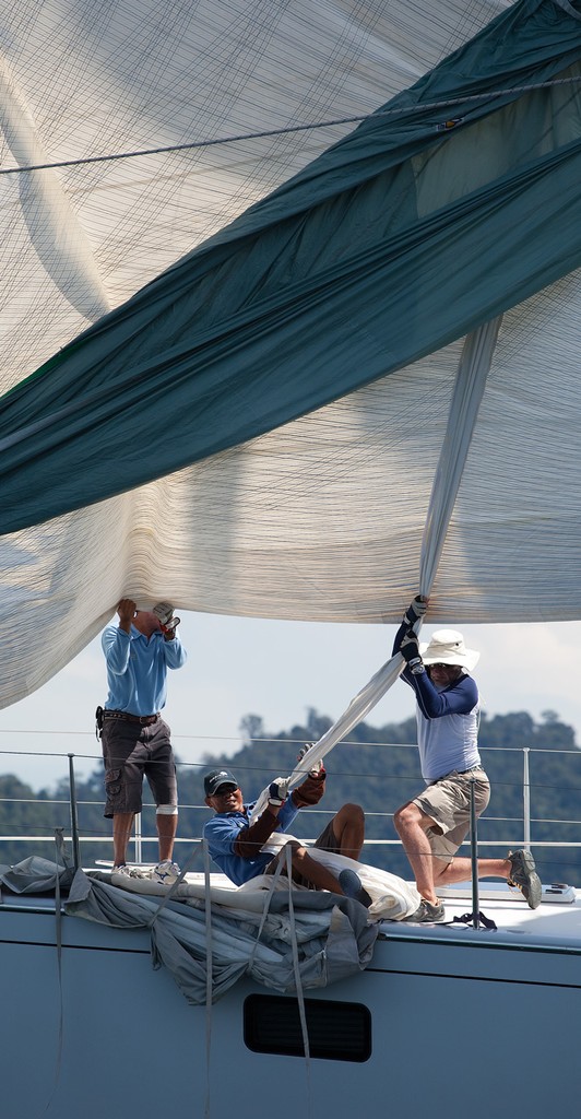 Hoist! Hoist! Oh boy it's a long way to the top of Intrigue's mast ...