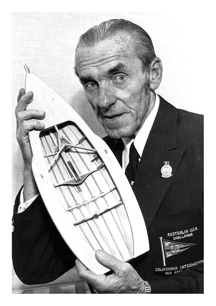 Alf Beashel with a model of an 18ft Skiff