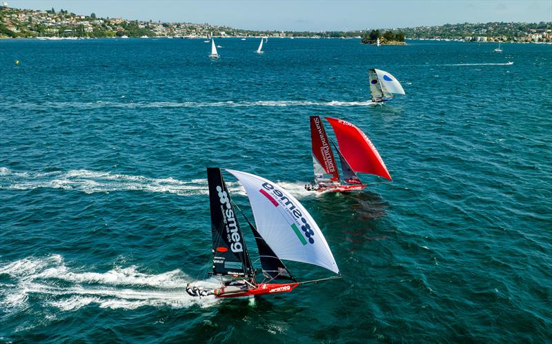 18ft Skiff at speed downwind on Sydney Harbour