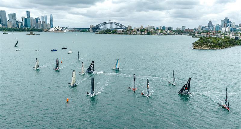 Race to the first windward marks during race 5 of the 18ft Skiff Spring ...