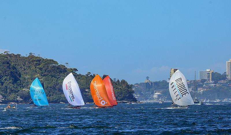 Mid-fleet action on the first spinnaker run - 18ft Skiff Australian ...