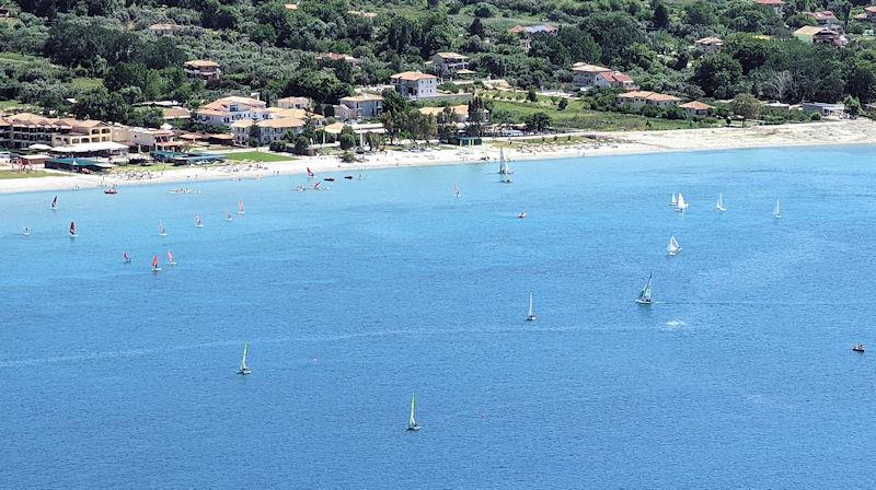 Looking down on the bay at Vassiliki with boats out in the morning ...
